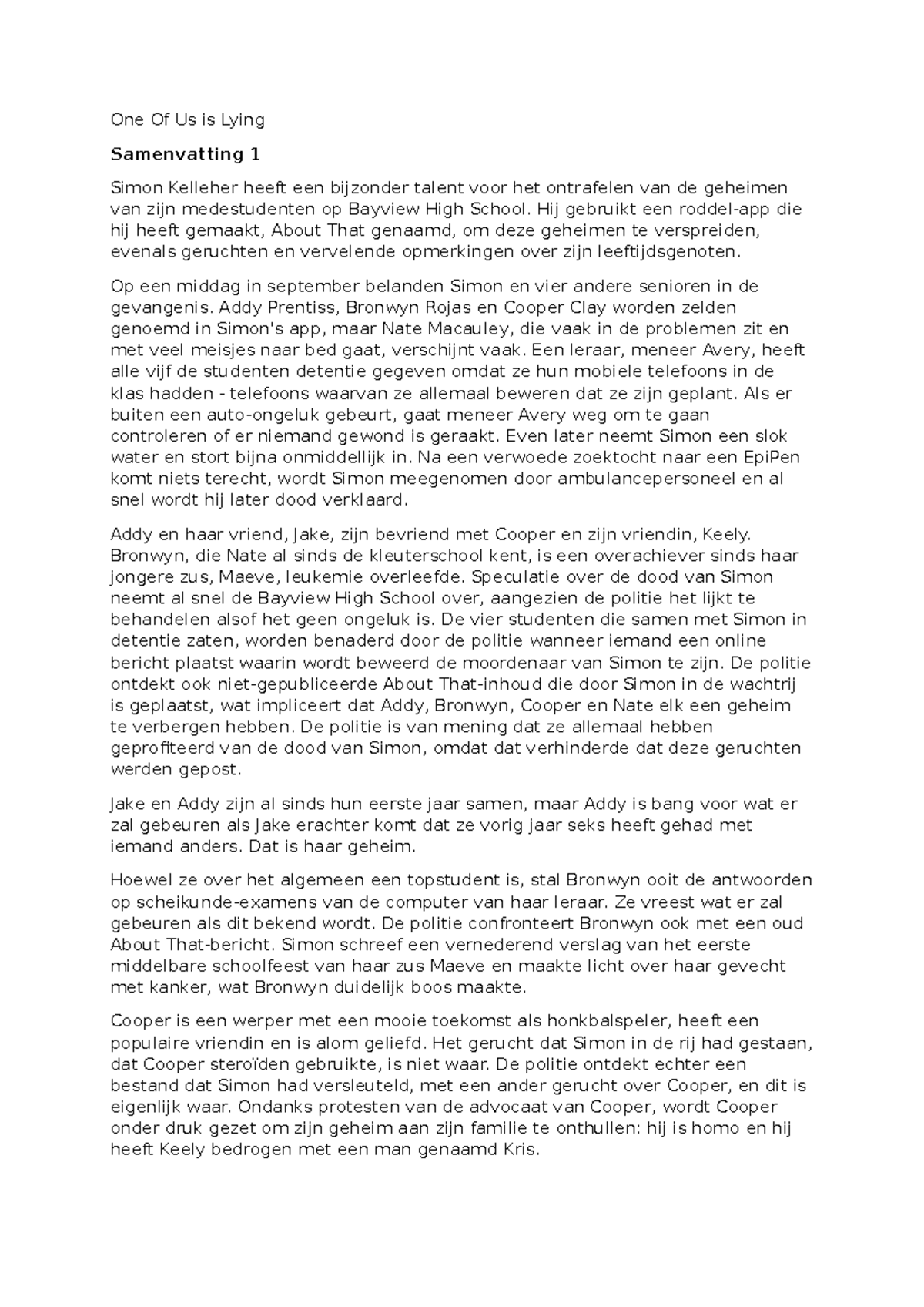 BOEK 1: ONE OF US IS LYING - Samenvatting en Analyse - Studeersnel