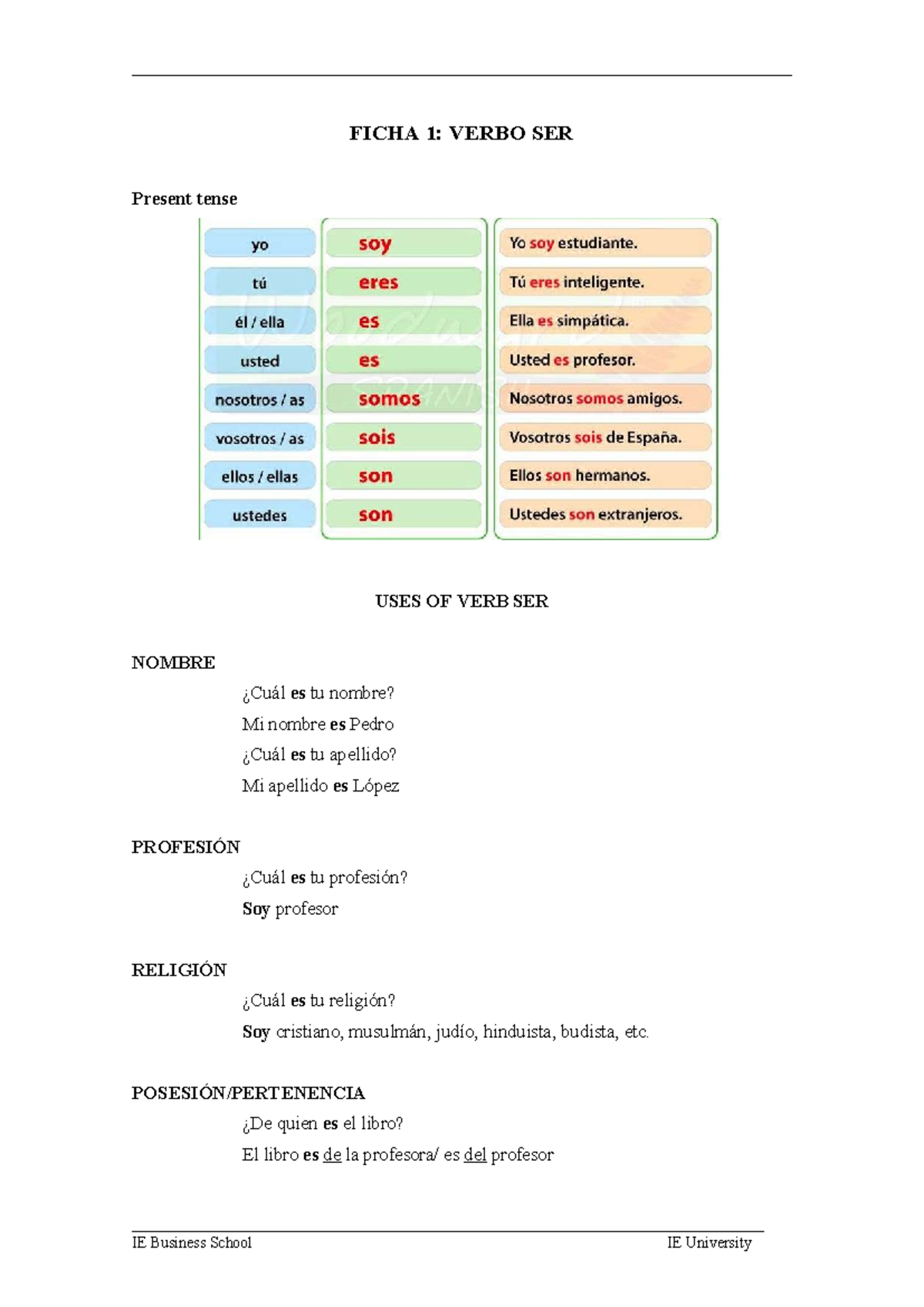 VERB SER: Present Tense Uses & Exercises (IE Business School) - Studocu