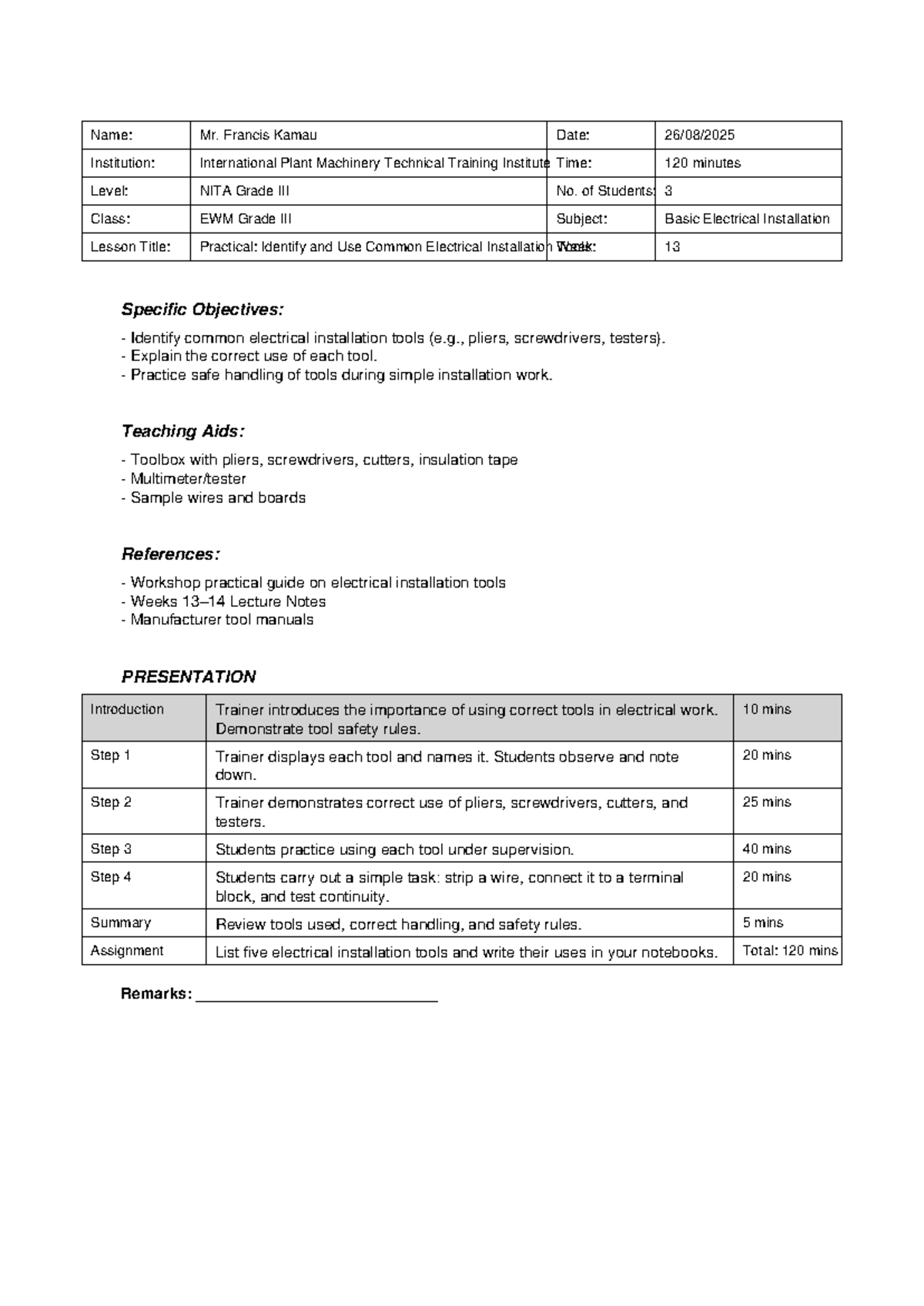 EWM 13: Lesson Plan for Practical Electrical Installation Tools - Studocu