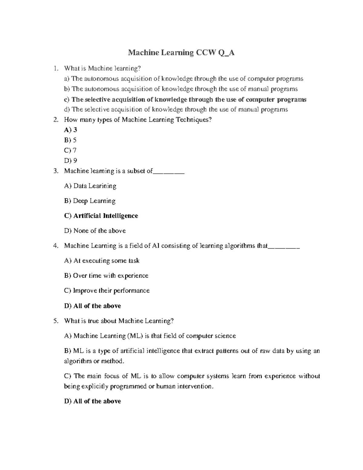 Machine Learning MCQ Questions - CCW Exam Prep Guide - Studocu