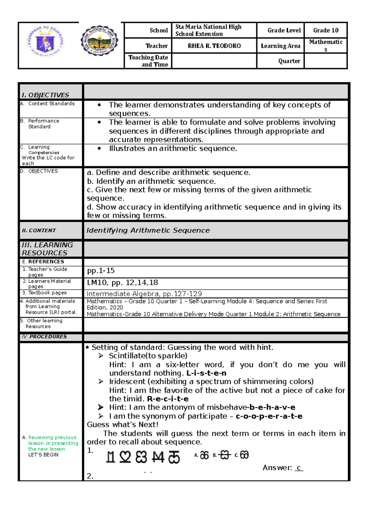 DLL-sample - Format - School Sta Maria National High School Extension ...
