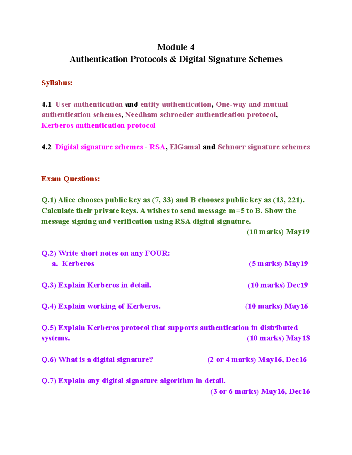 Cryptography and System Security - Module 4 Authentication Protocols ...