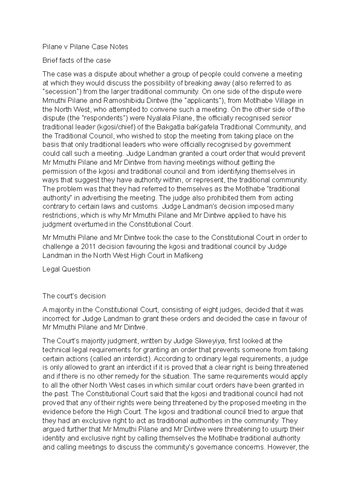 Pilane v Pilane Case Notes - Pilane v Pilane Case Notes Brief facts of ...