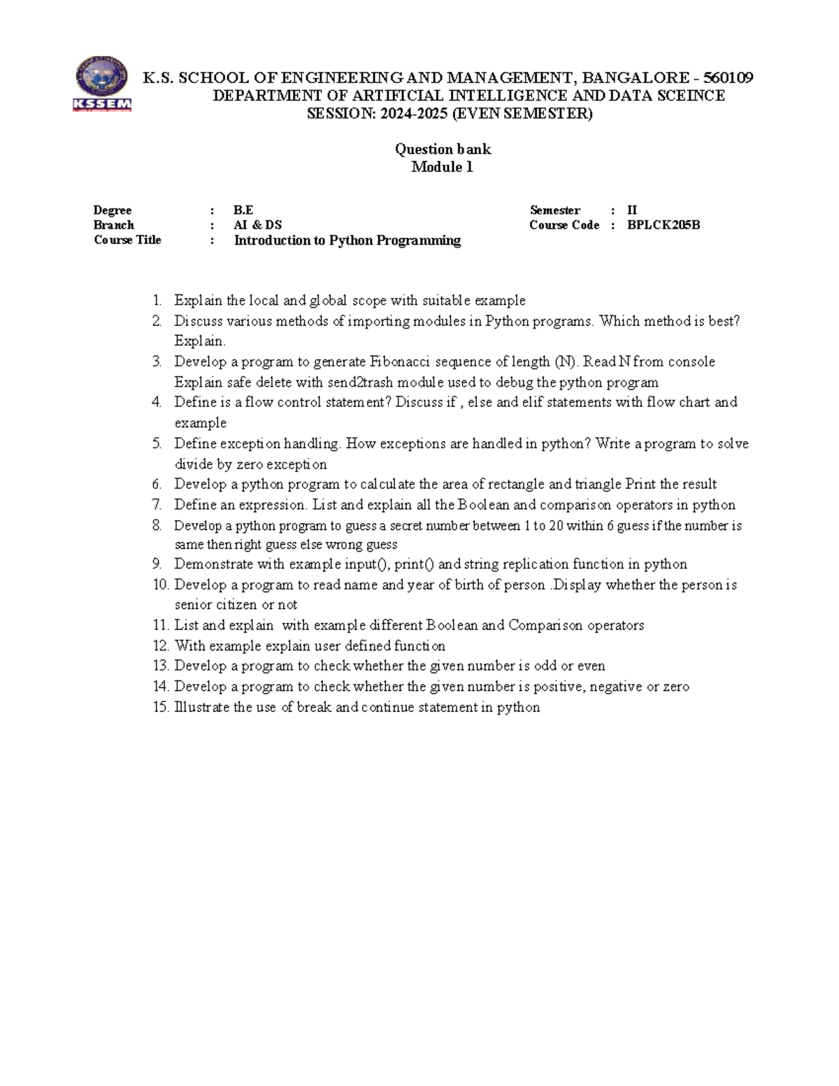 B.E AI DS II BPLCK205B Question Bank: Intro to Python Programming - Studocu