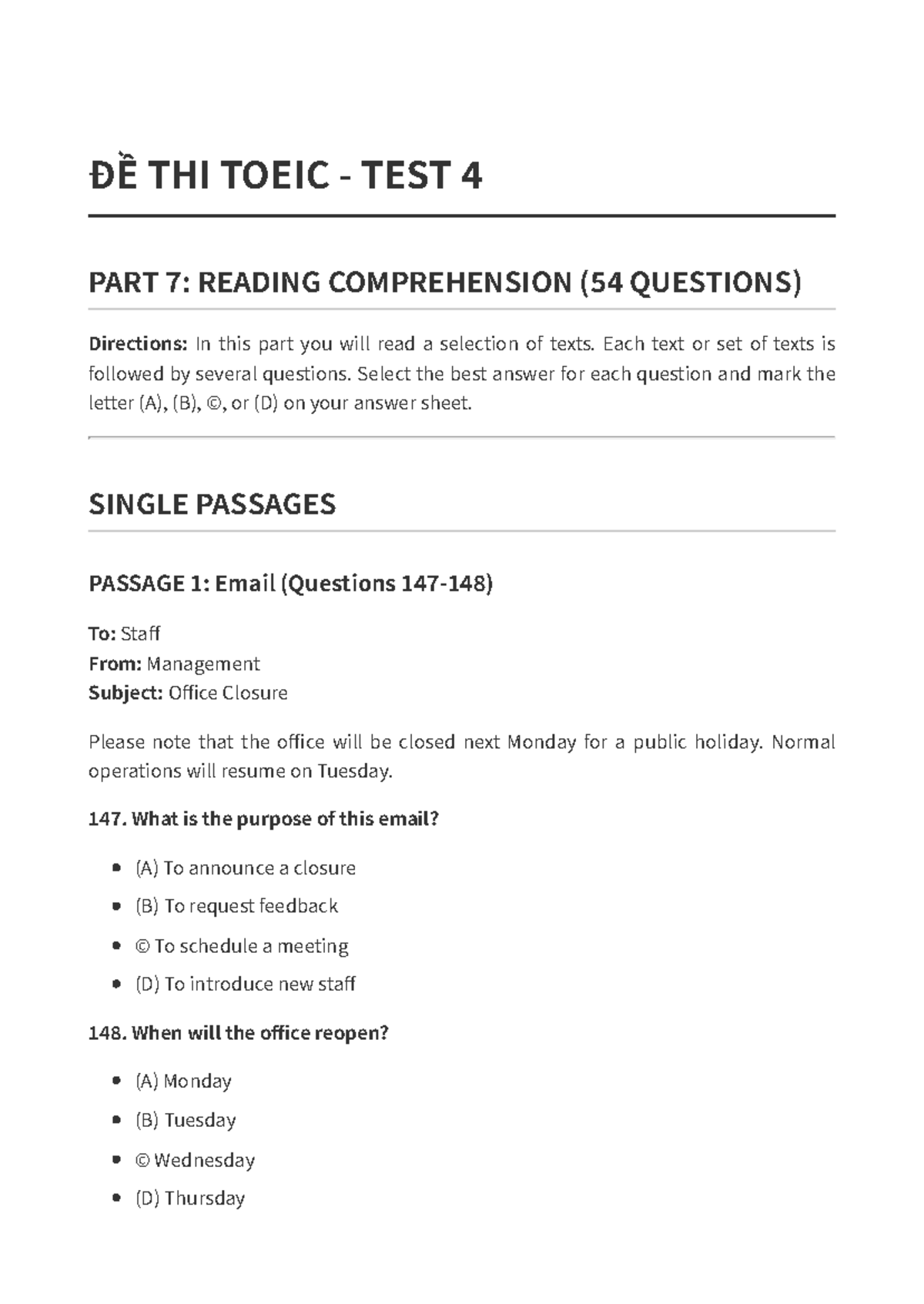 ĐỀ THI TOEIC TEST 4: PART 7 READING COMPREHENSION PRACTICE - Studocu