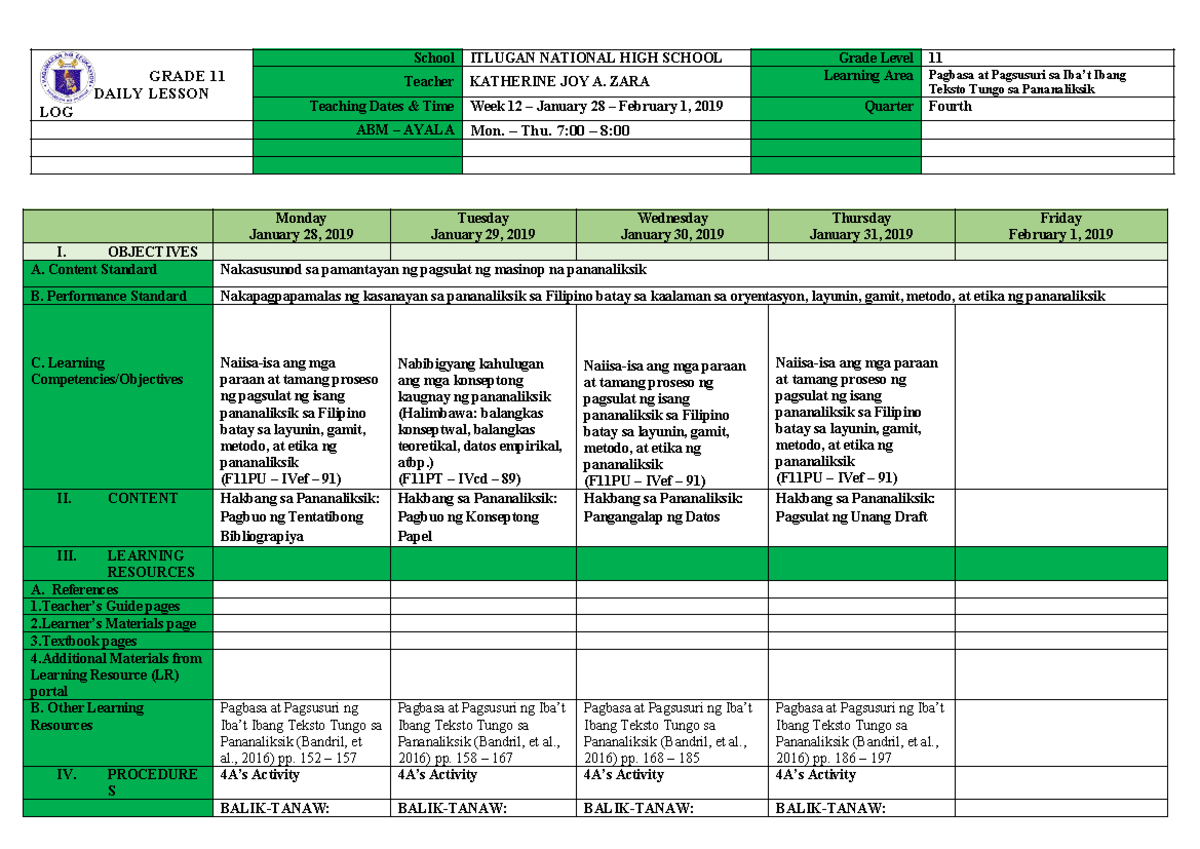 Ilide - DLL - GRADE 11 DAILY LESSON LOG School ITLUGAN NATIONAL HIGH ...