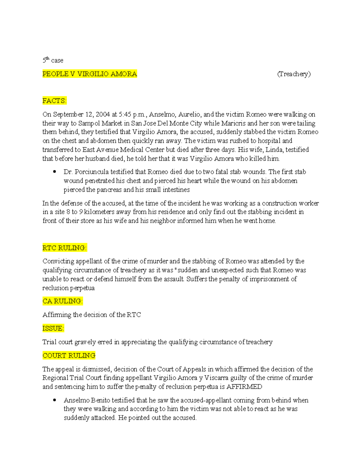 5th Case Study: People v. Virgilio Amora (Treachery) Analysis - Studocu