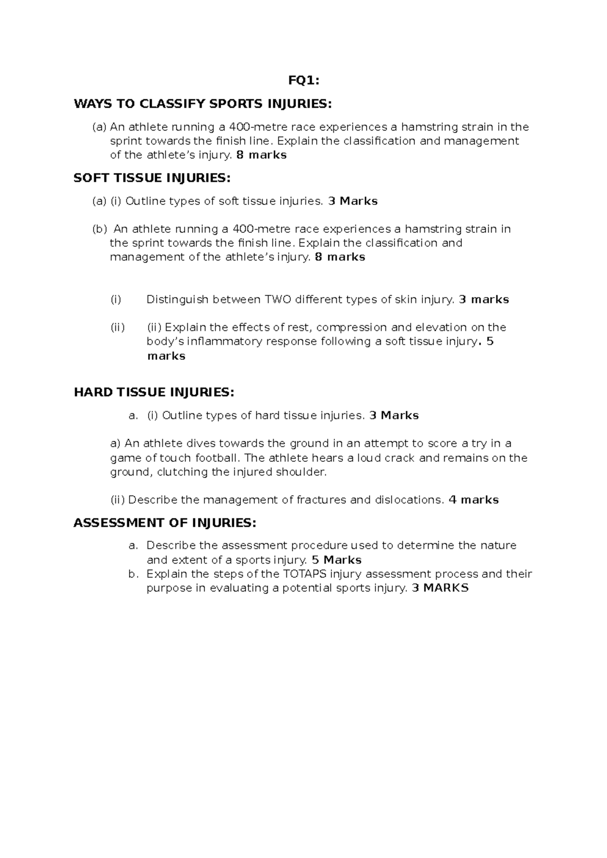 PE Practice Questions FQ1: Classifying & Managing Sports Injuries - Studocu
