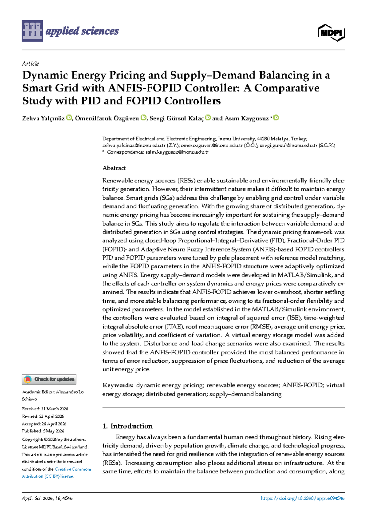 Dynamic Energy Pricing & Balancing in Smart Grids: PID vs FOPID ...