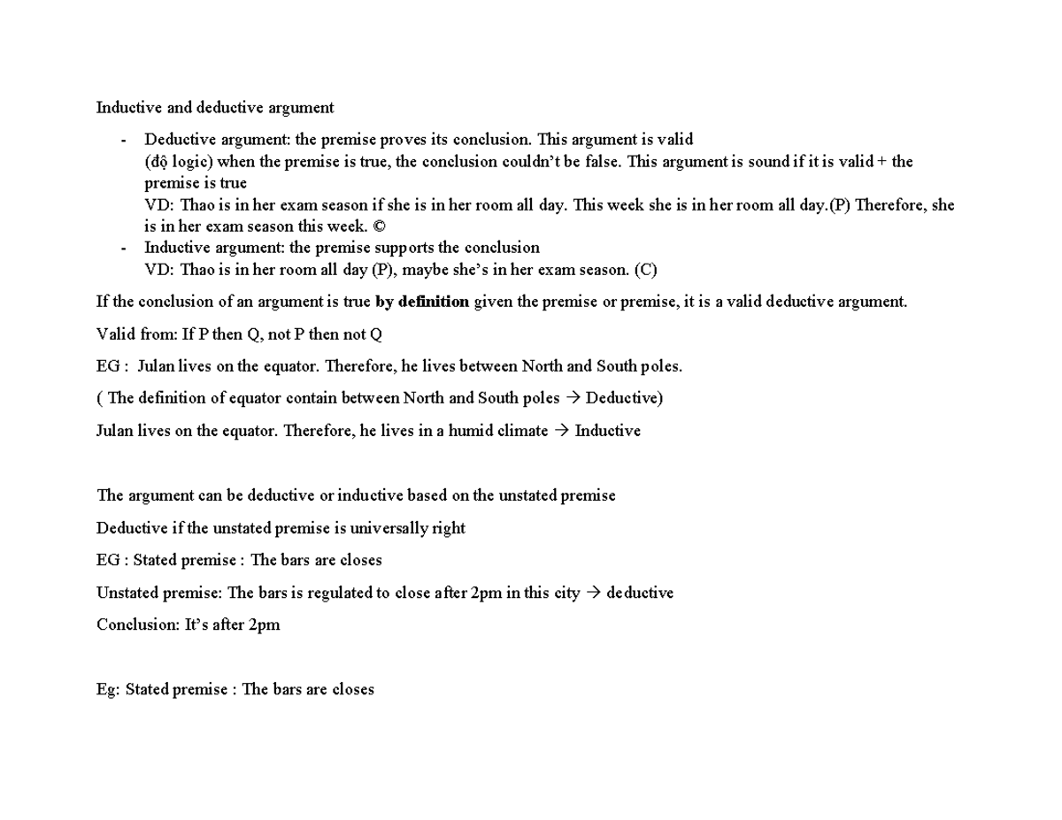 Critical Thinking Summary: Inductive & Deductive Arguments - Studocu