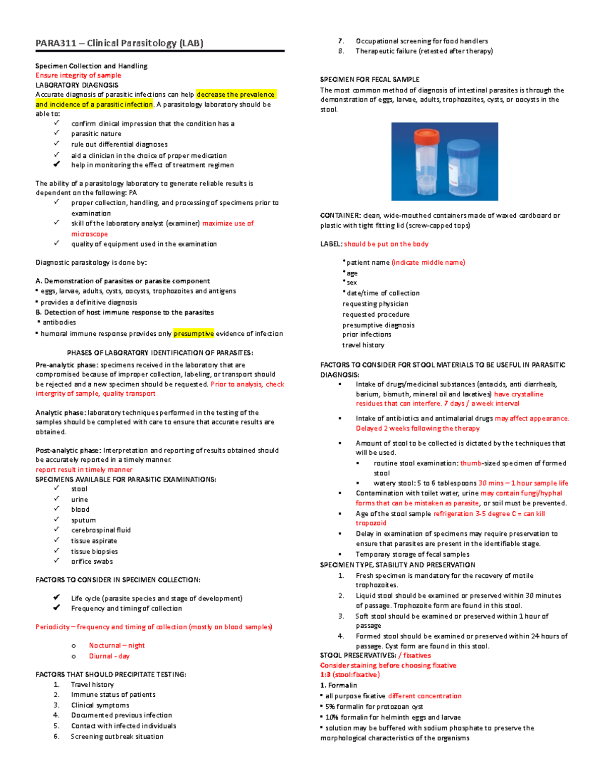 PARA311 - Stool Examination and Specimen Collection Guidelines - Studocu