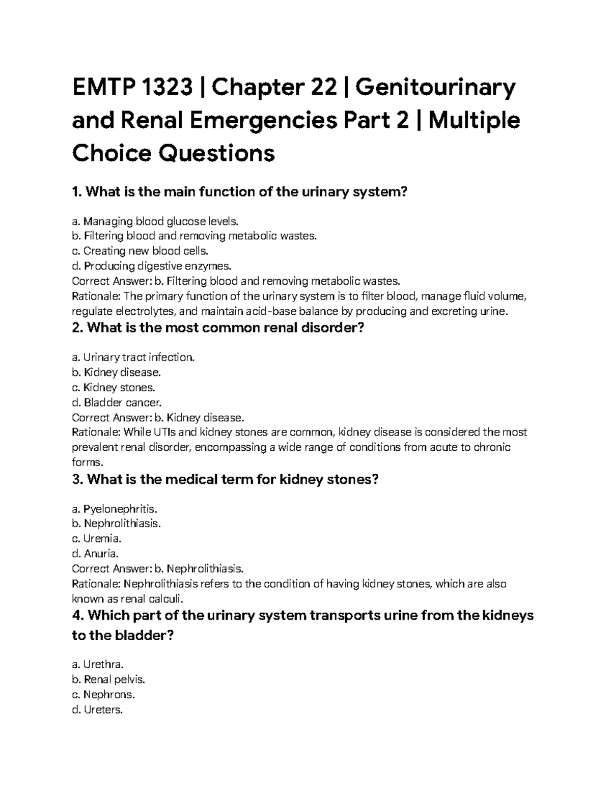 EMTP 1323 | Chapter 22 | Genitourinary & Renal Emergencies MCQs - Studocu