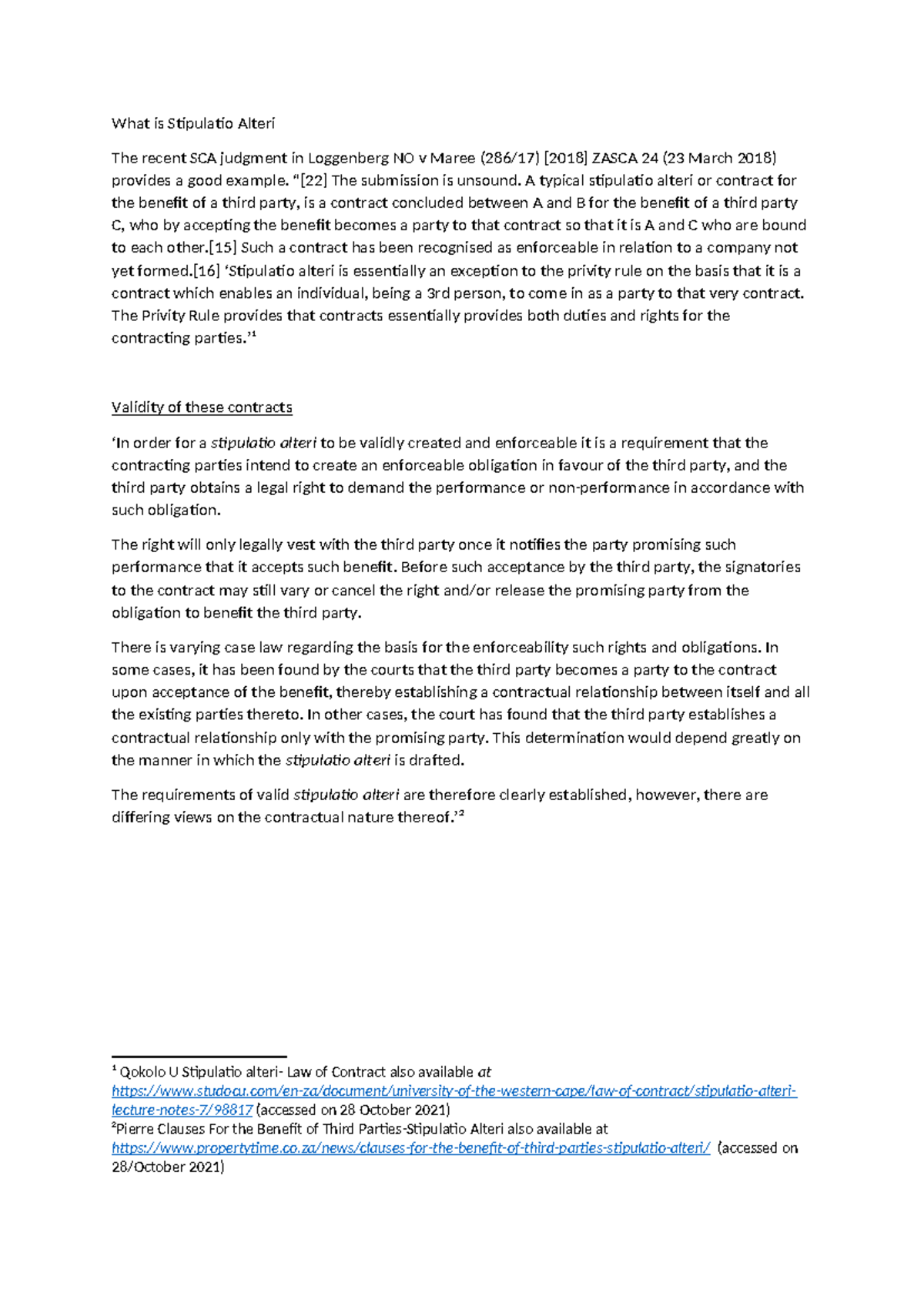 Understanding Stipulatio Alteri in Contract Law: Key Insights - Studocu
