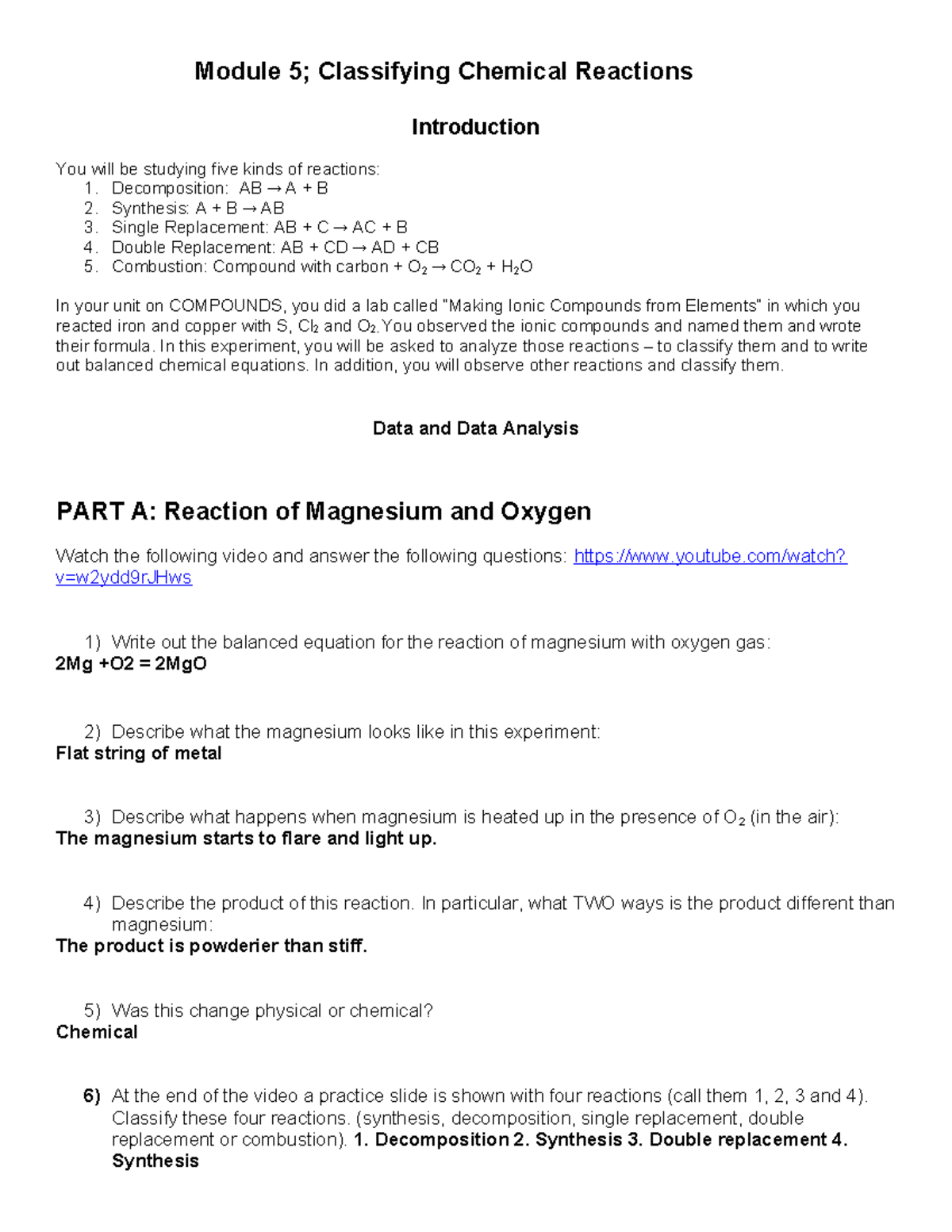 Module 5 Classifying Chemical Reactions - Module 5; Classifying ...