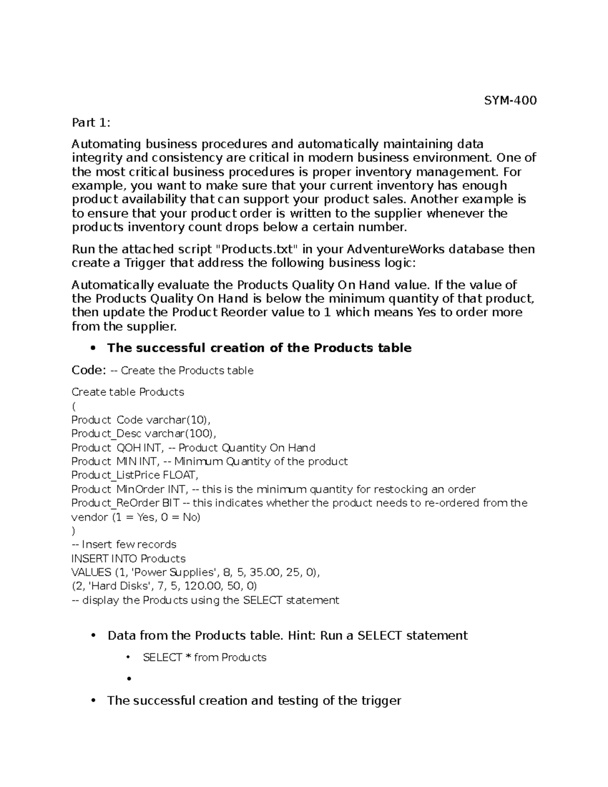 Topic 6 Assignment: Automating Inventory Management & Triggers - Studocu