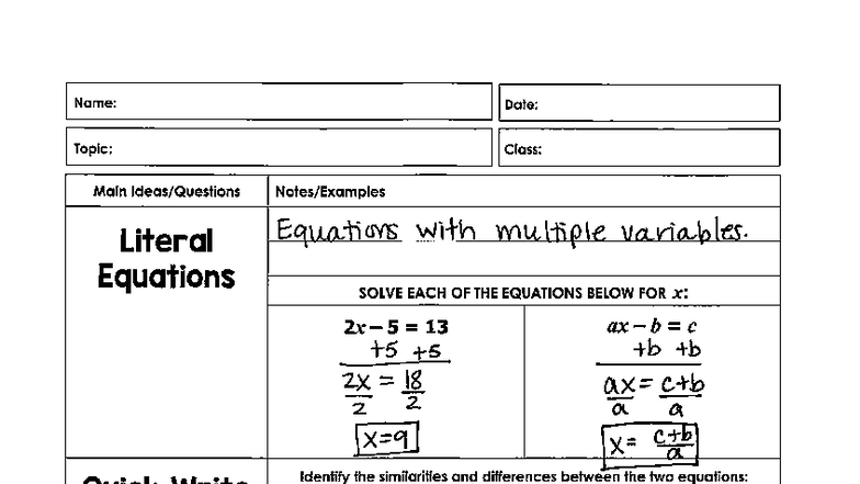 Literal Equations - Class Notes and Problem Solving - Studocu
