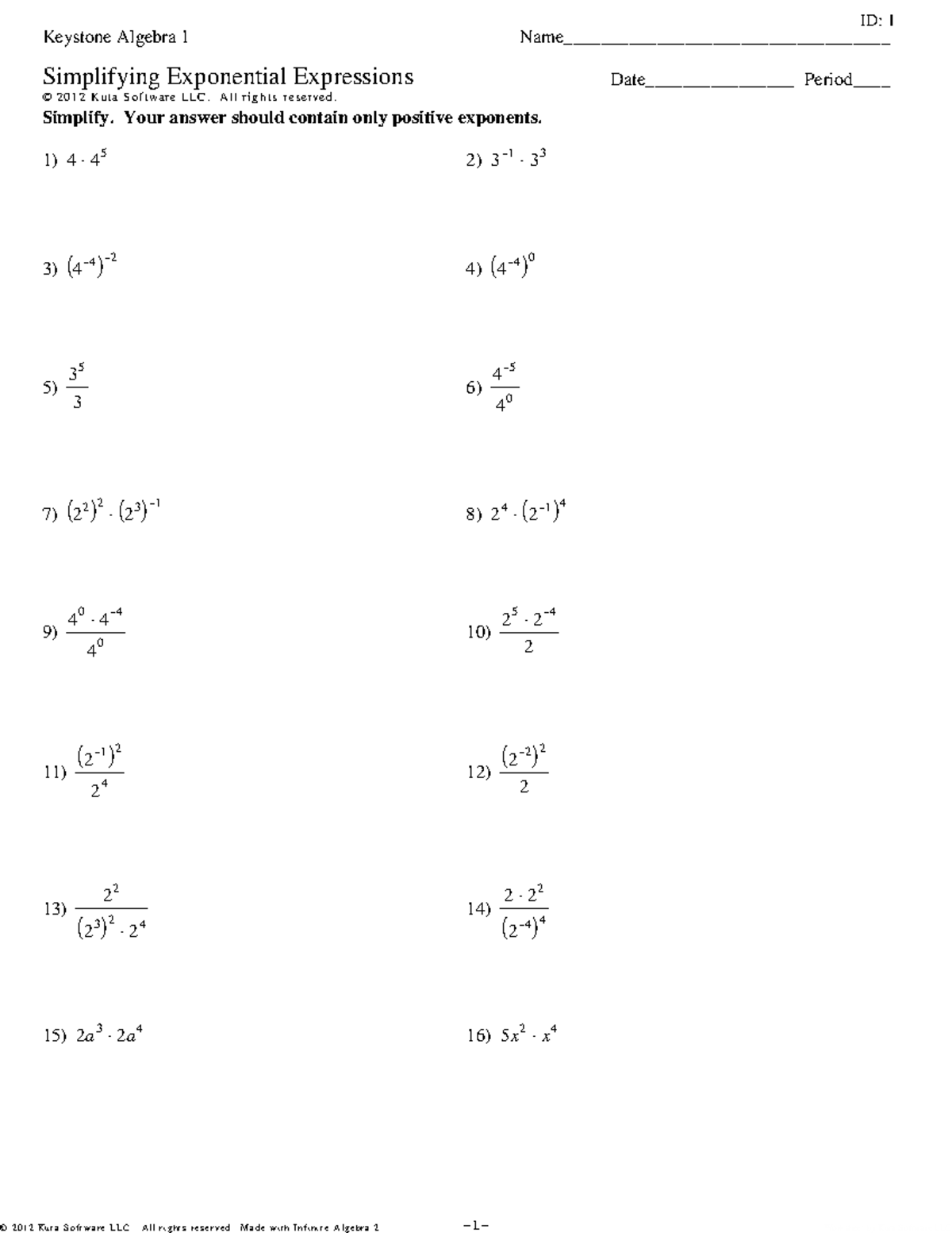 Keystone Algebra 1: Simplifying Exponential Expressions Worksheet - Studocu