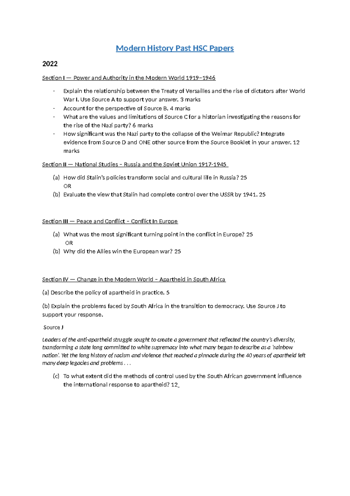 Modern History HSC Past Papers 2022: Power, Authority & Apartheid - Studocu