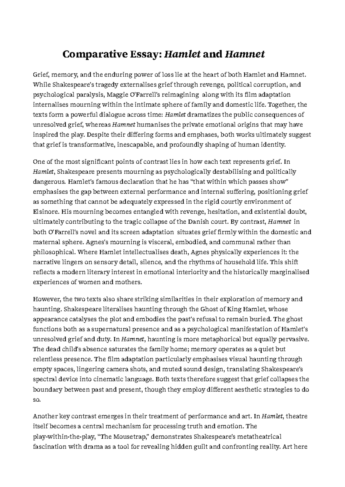 Hamlet and Hamnet: A Comparative Essay on Grief and Memory - Studocu