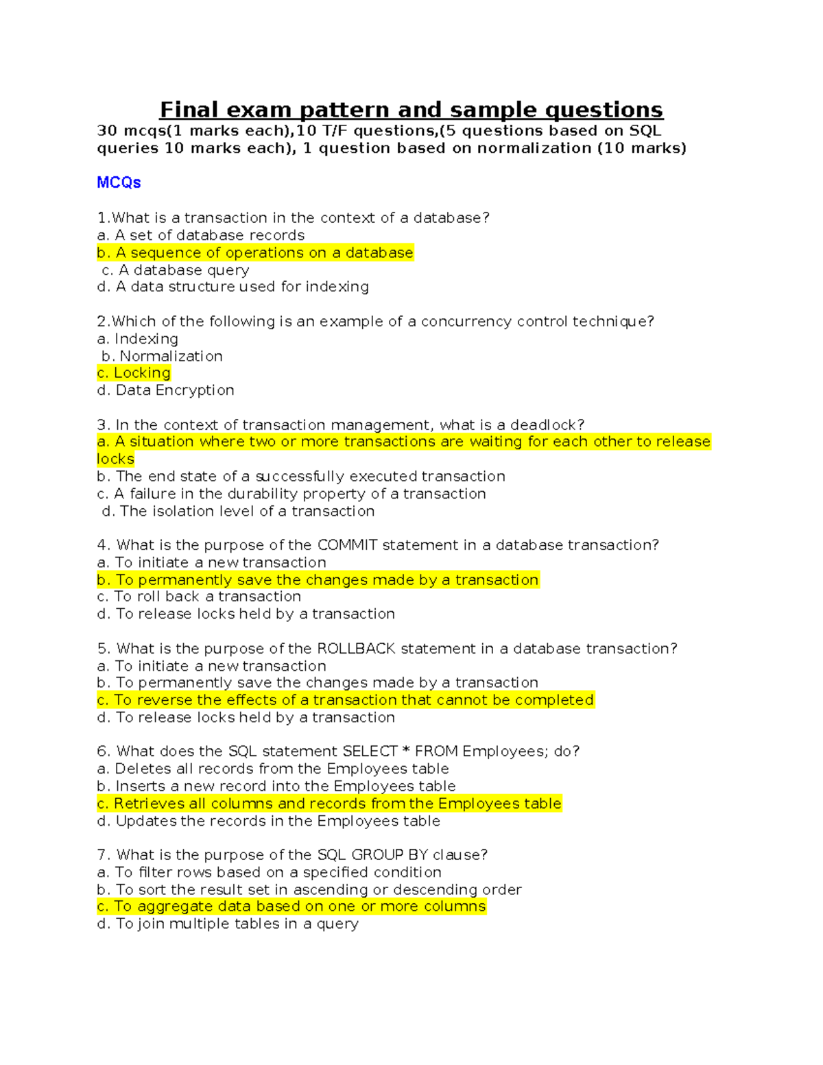 Final Exam Sample Questions & Answers for DBMS (CS101) - Studocu