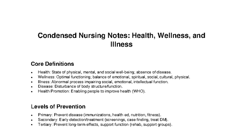 Condensed Nursing Notes: Health, Wellness & Illness Overview - Studocu