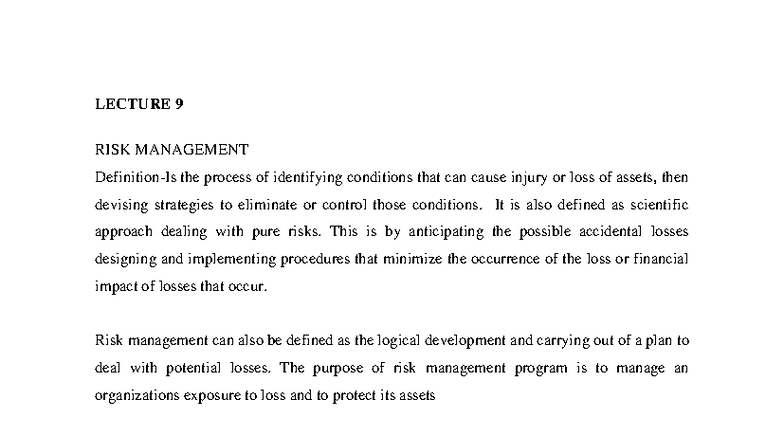 BMS 101 Lecture 9 Notes - LECTURE 9 RISK MANAGEMENT Definition-Is the ...