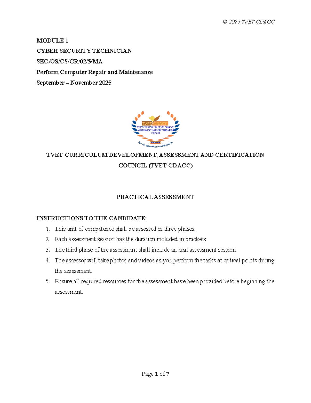 2025 TVET CDACC Module 1: Practical Computer Repair & Maintenance - Studocu