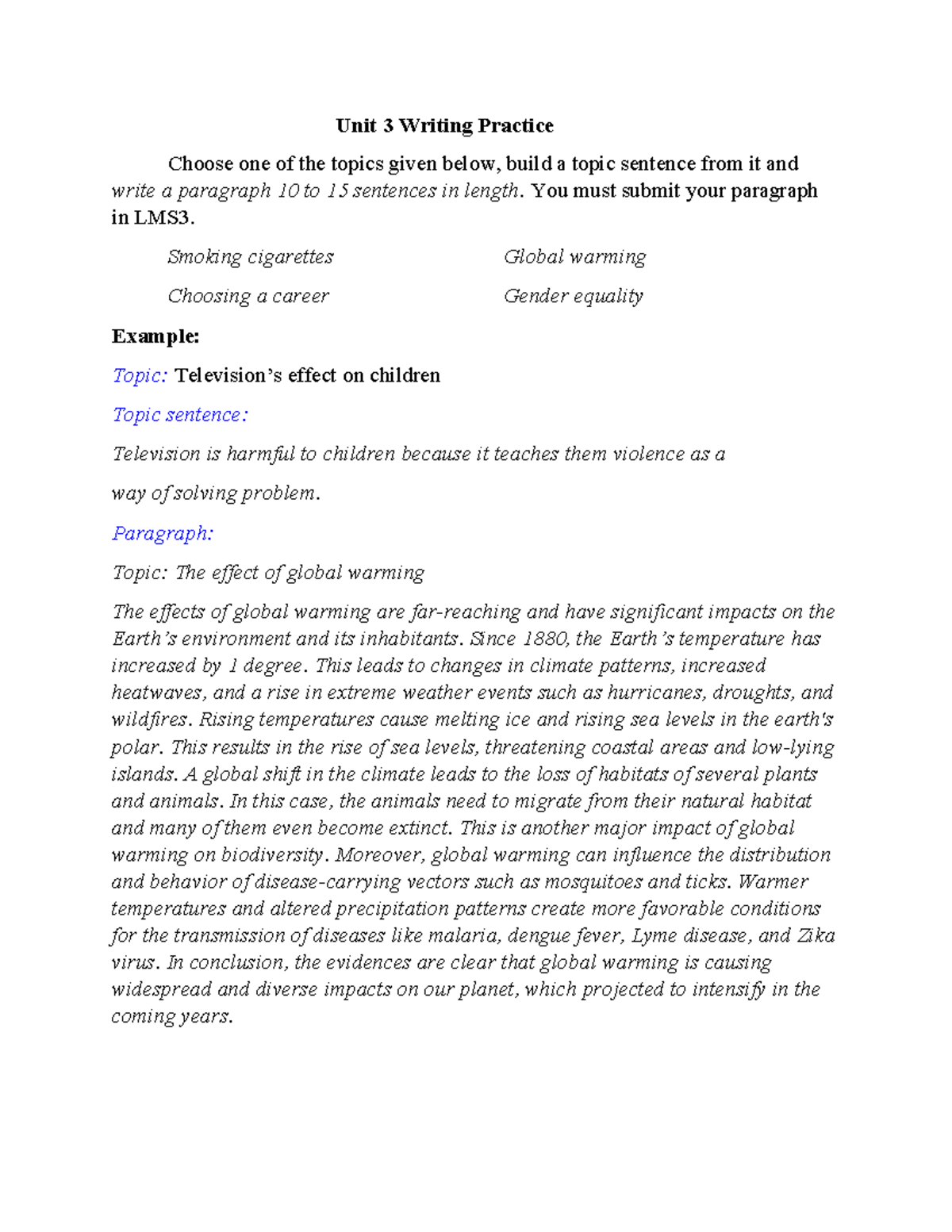 Unit 3 Writing Practice 1 - Unit 3 Writing Practice Choose one of the ...