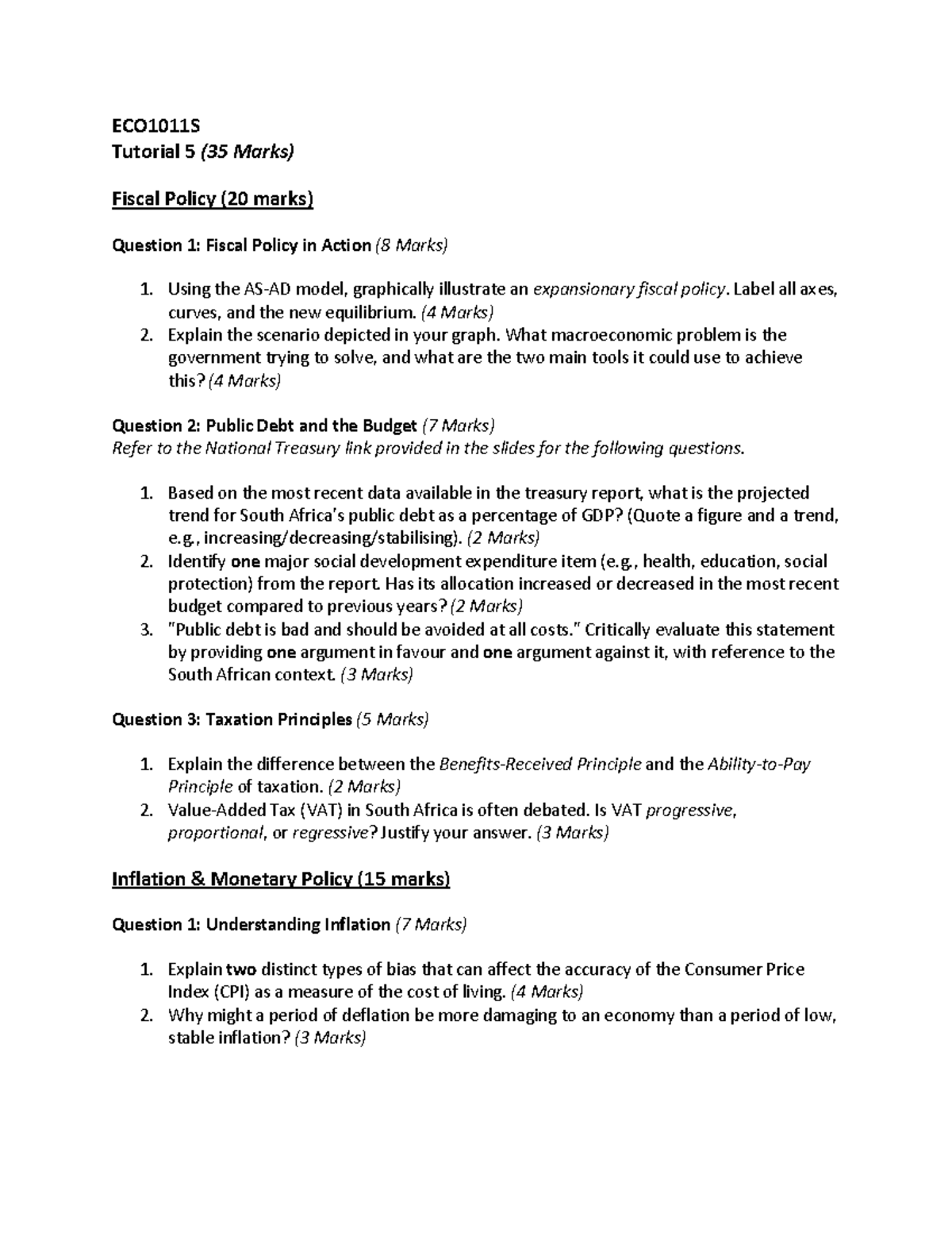 ECO1011S Tutorial 5: Fiscal Policy & Inflation Analysis (35 Marks ...