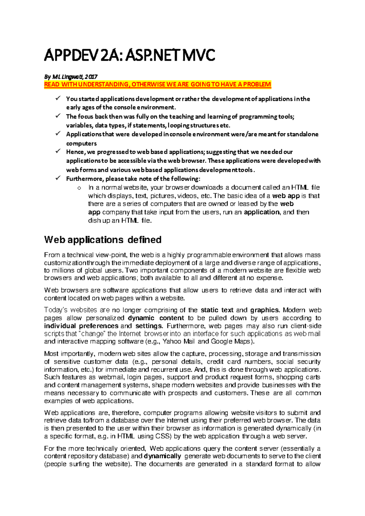 Appdev 2A Notes Set 1 - App Dev - Tutorial - APPDEV 2 A: ASP MVC By ML ...