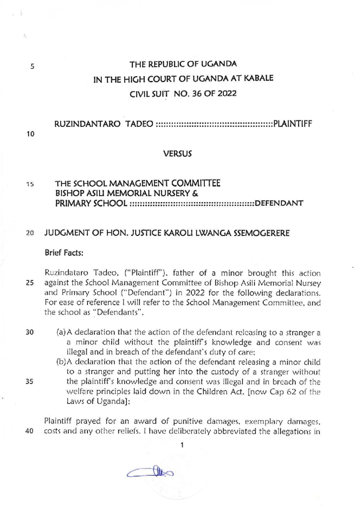 Ruzindantaro v. Bishop Asili Memorial Nursery School: Judgment Analysis ...