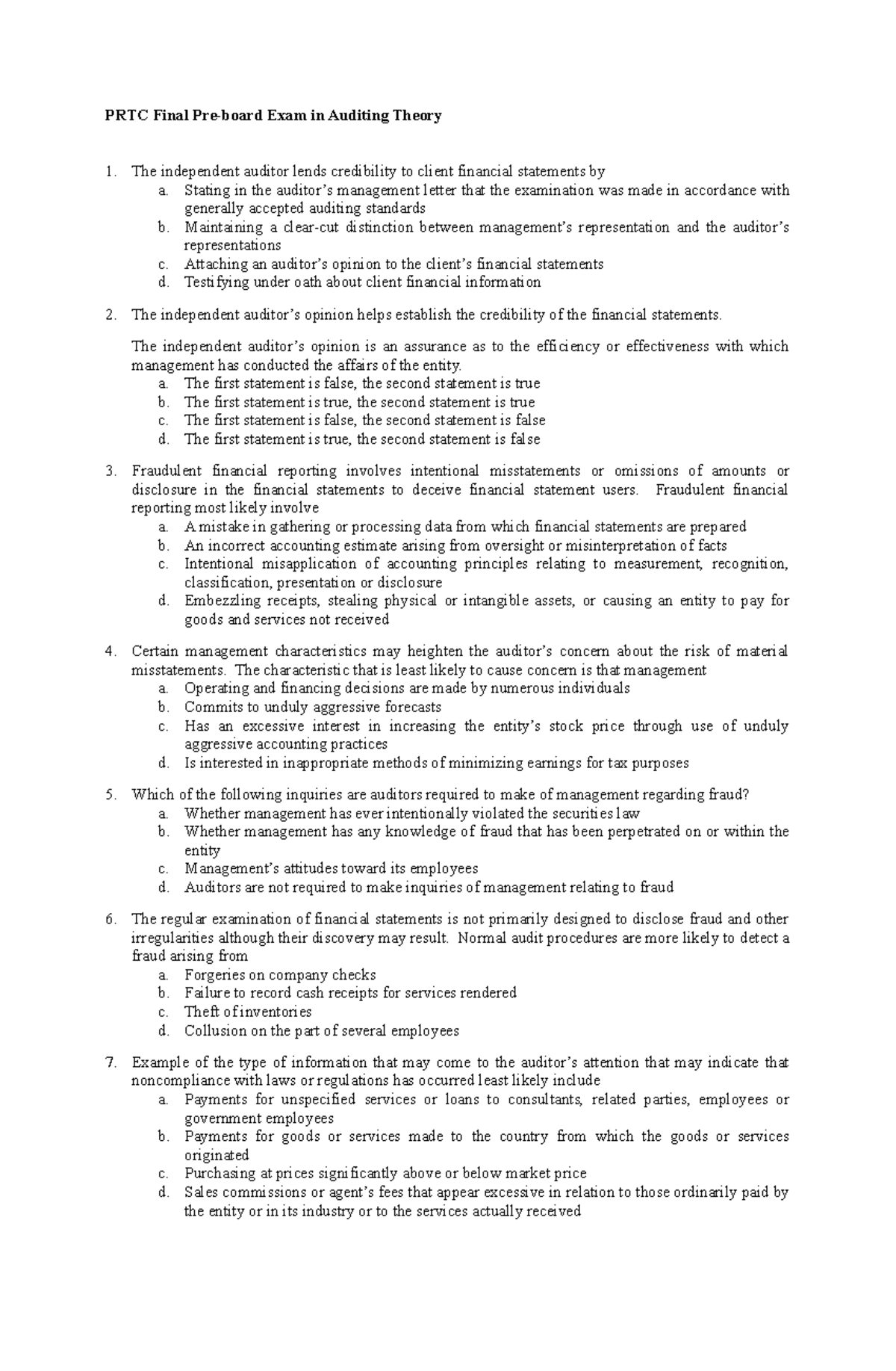 PRTC Final Exam Review: Key Concepts in Auditing Theory - Studocu