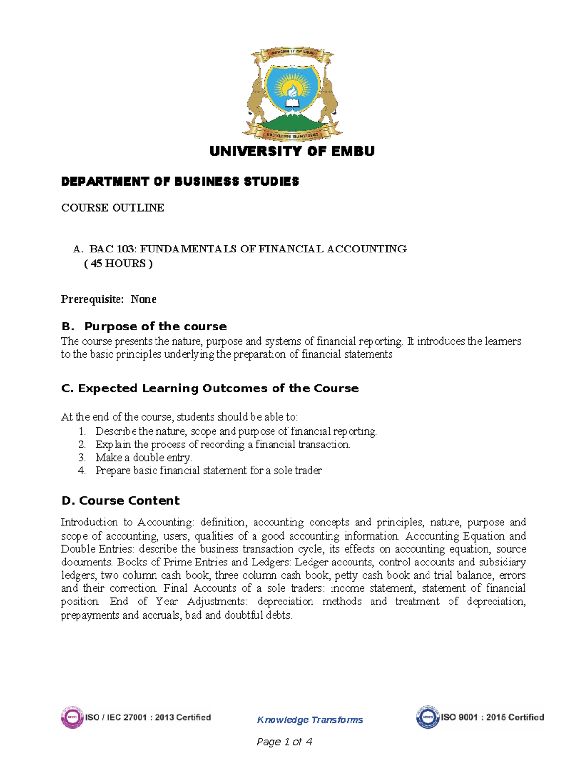 BAC 103 Course Outline: Fundamentals of Financial Accounting - Studocu