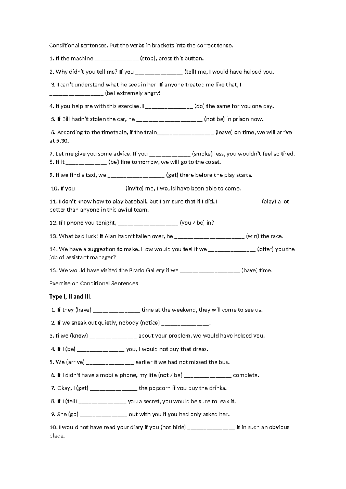 Conditional Sentences Exercise: Tenses Practice and Application - Studocu