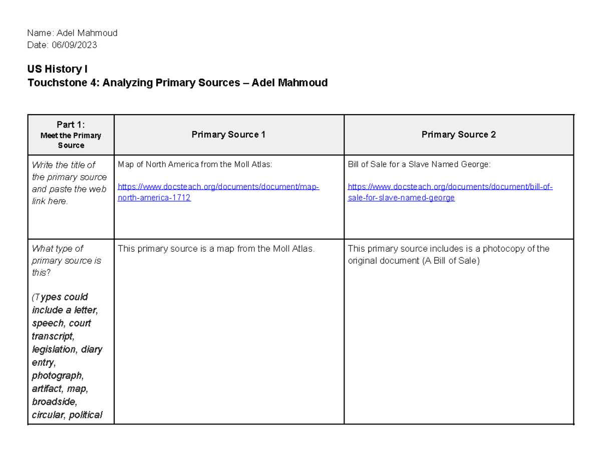 US History I Touchstone 4: Analyzing Primary Sources and Context - Studocu
