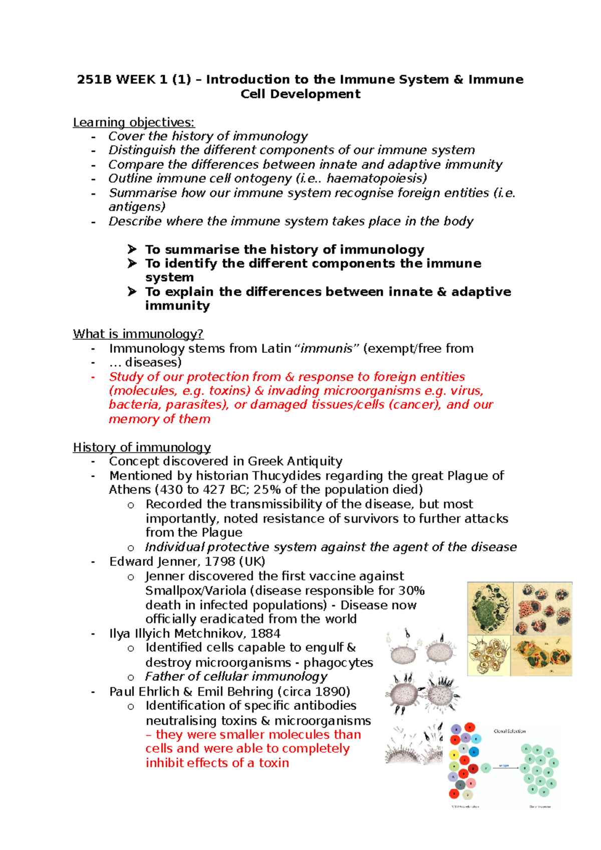 251B W1 (1) – Intro to Immune System & Cell Development - Studocu