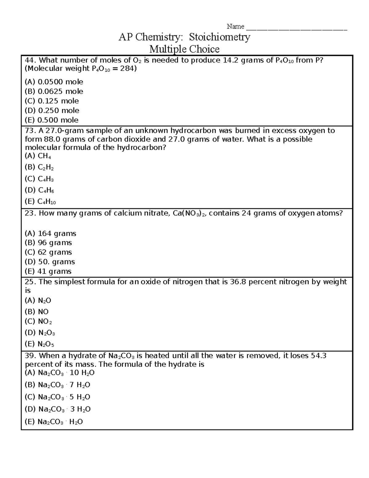 AP Chemistry: Stoichiometry Multiple Choice Questions - Studocu