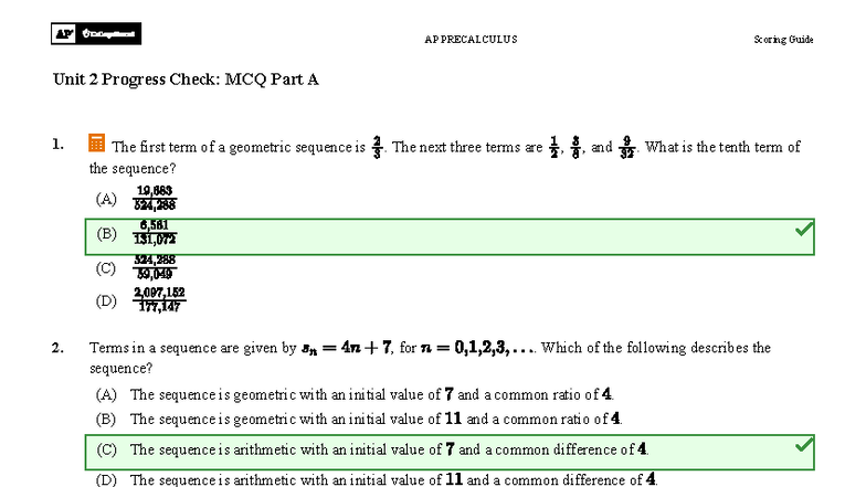 AP Precalculus Unit 2 Progress Check: MCQ Scoring Guide - Studocu