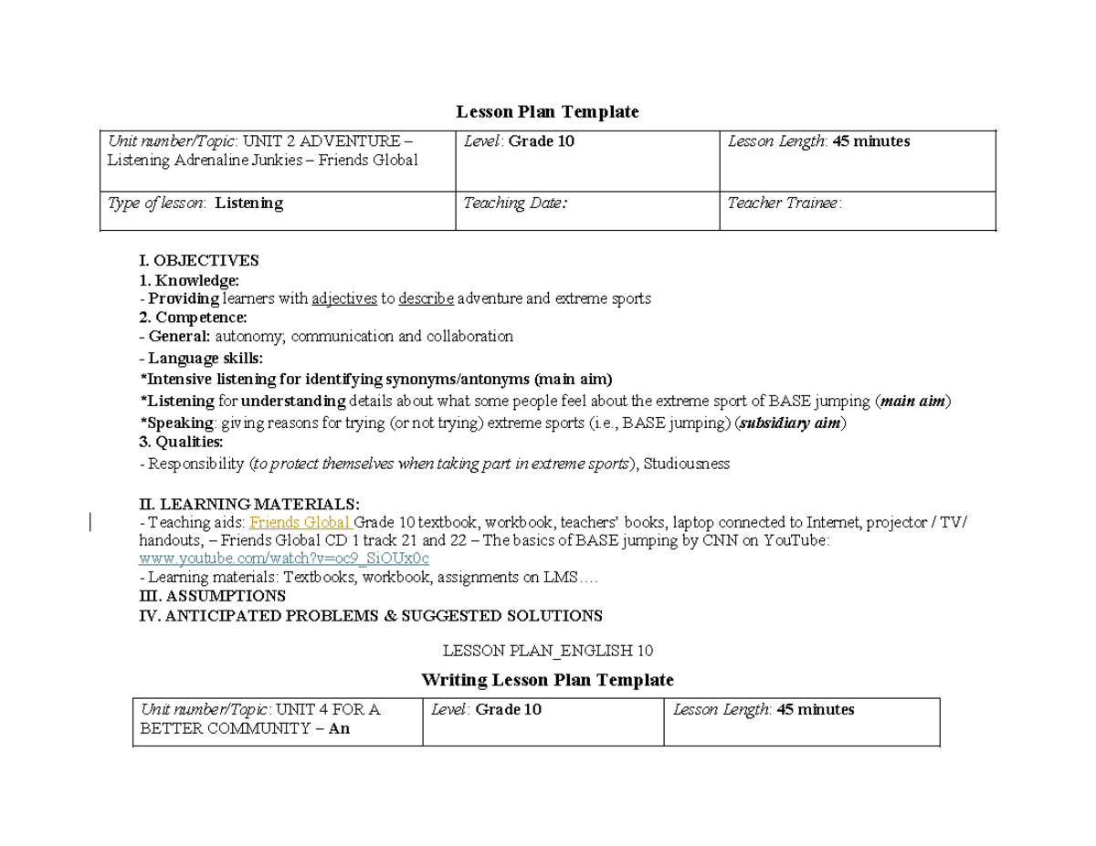Lesson Plan Template: Adventure & Application Letter (ENG 10) - Studocu