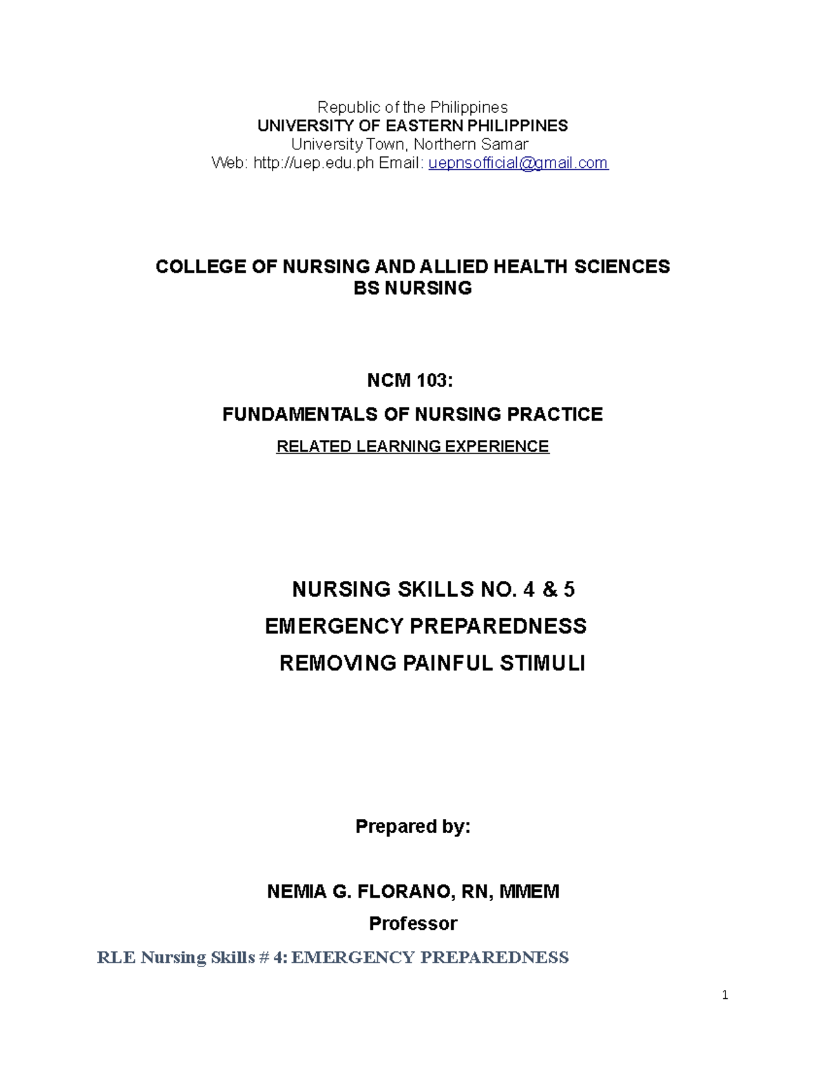 RLE Nursing Skills No. 4 & 5: Emergency Preparedness & Pain Management ...