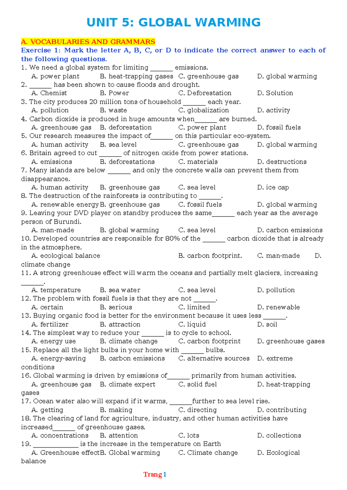 UNIT 5: GLOBAL WARMING - VOCABULARY & GRAMMAR EXERCISES - Studocu