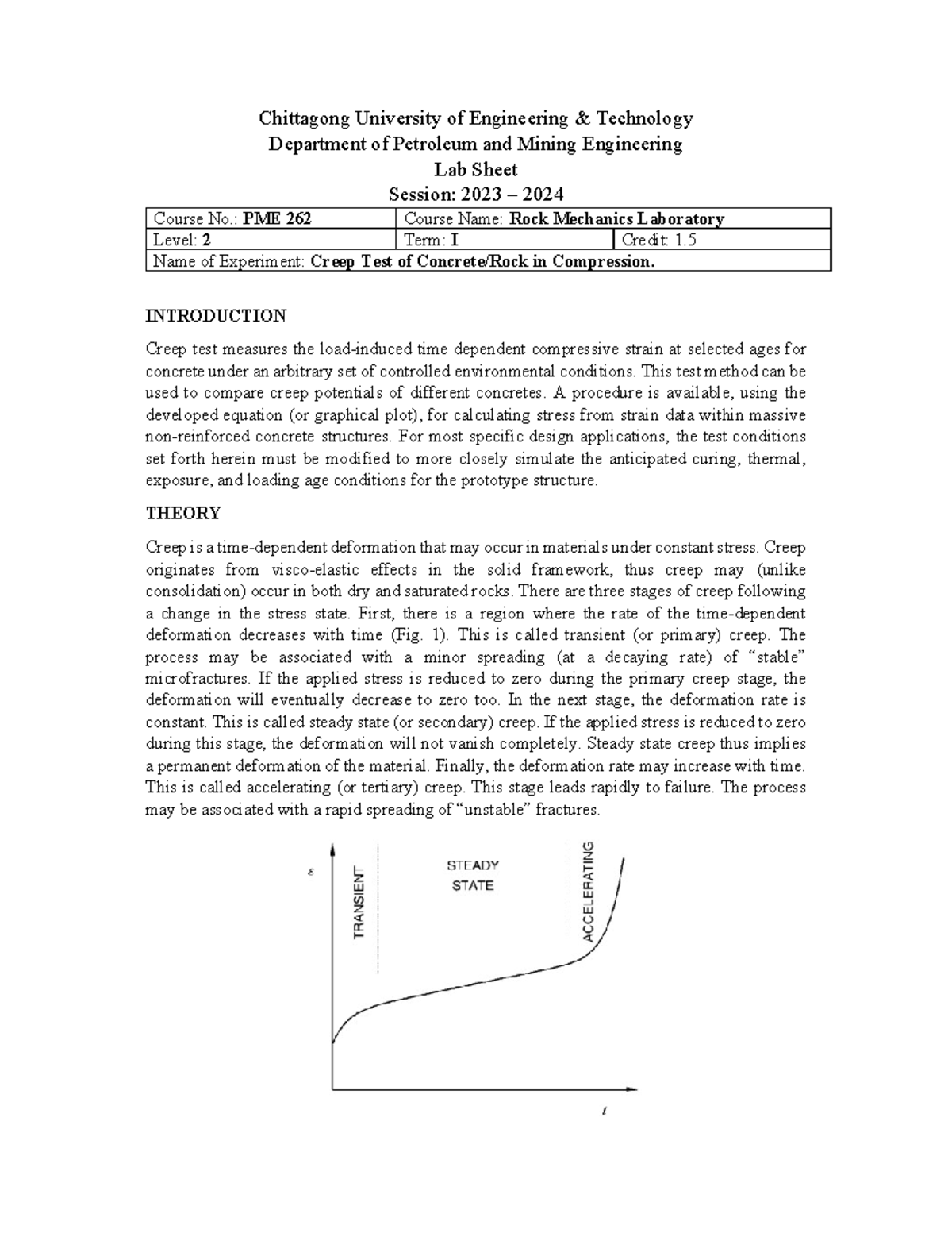 PME 262 - Lab Report on Creep Test in Rock Mechanics - Studocu