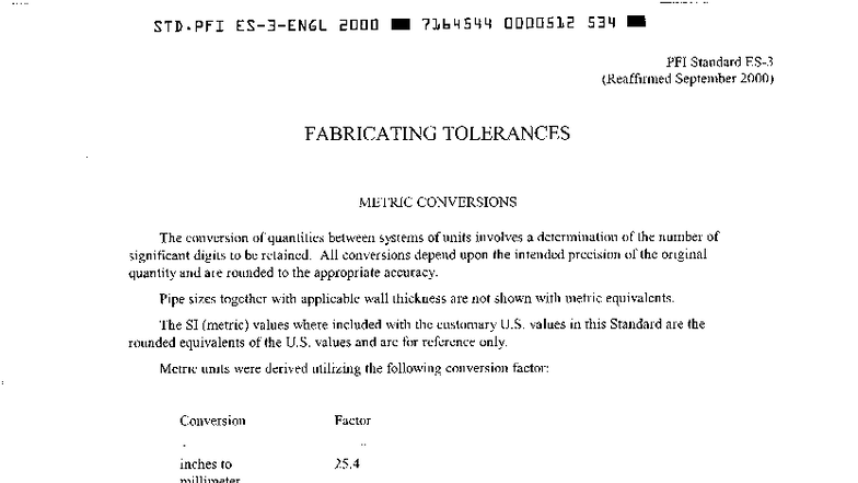 PFI Standard: Fabricating Tolerances & Metric Conversions - Studocu