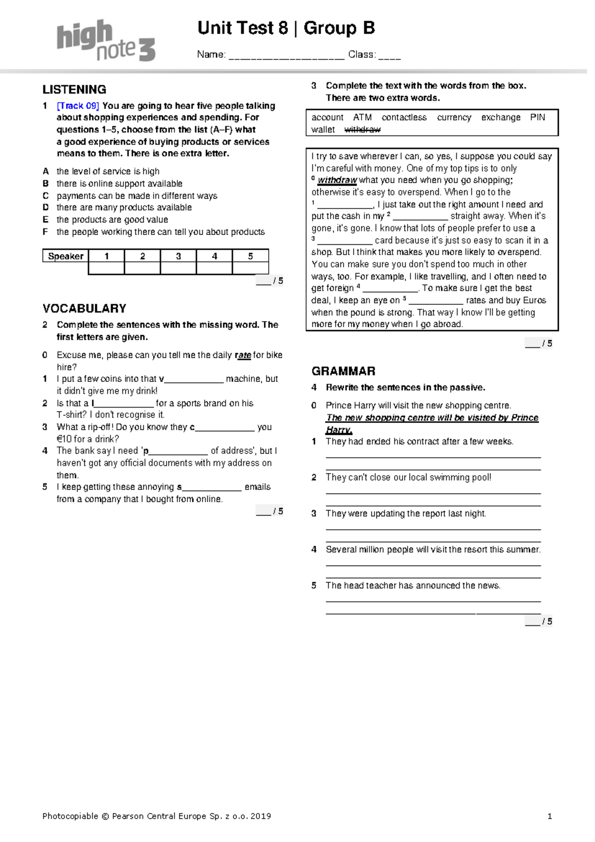 High Note 3 U8 Unit Test B: Listening & Vocabulary Exercises - Studocu