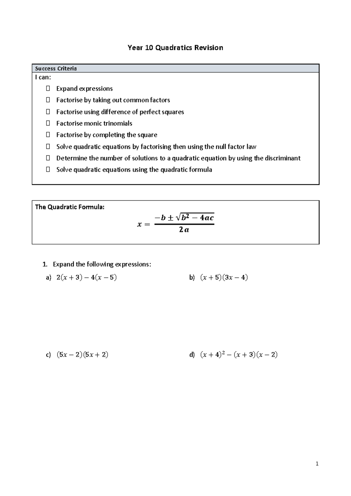 Quadratics Revision Test v2 - Year 10 Quadratics Revision The Quadratic ...