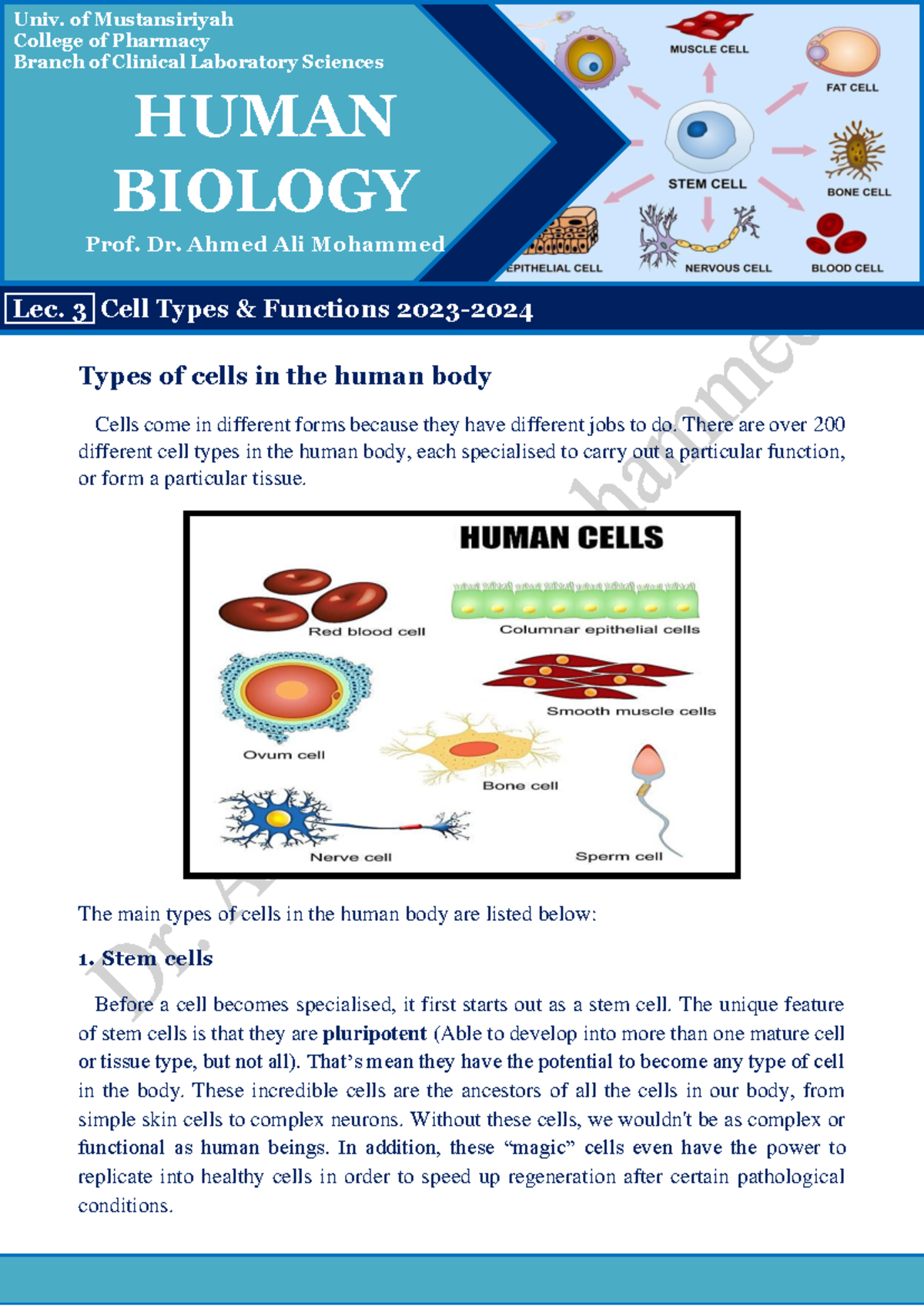 HUMAN BIOLOGY Lec. 3: Functions & Types of Cells in the Body - Studocu