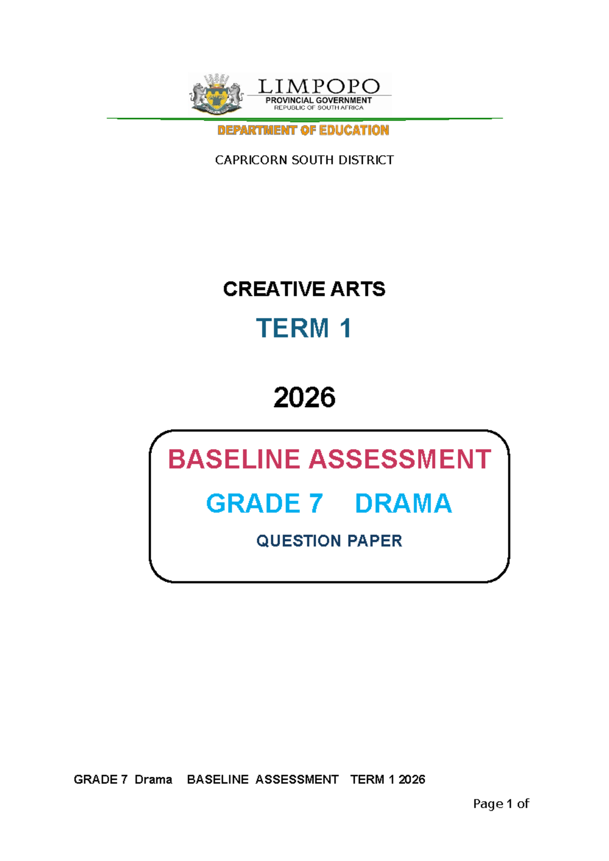 BSLT Grade 7 Drama Term 1 2026 Baseline Assessment Paper - Studocu