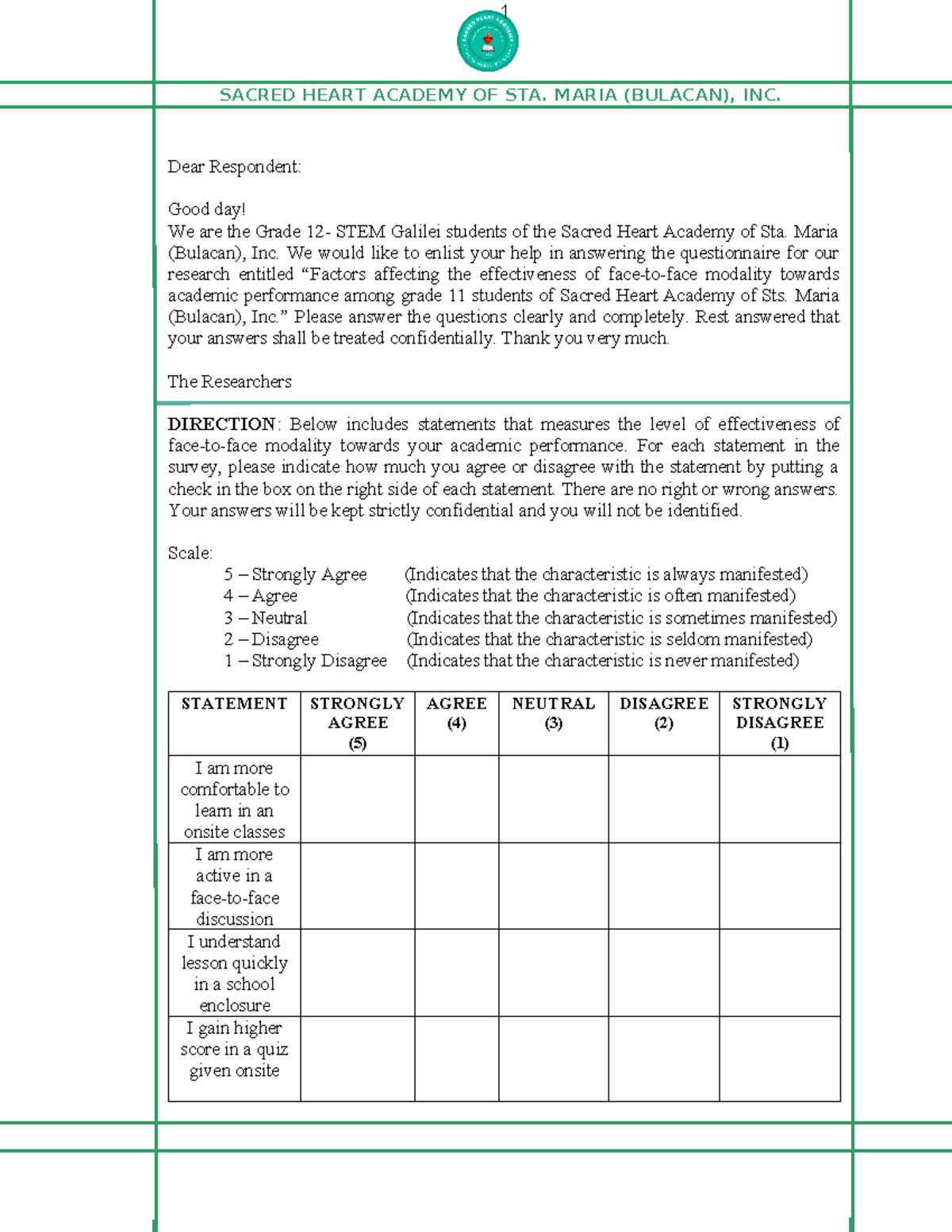 Grade 12 STEM Questionnaire on Face-to-Face Learning Effectiveness ...