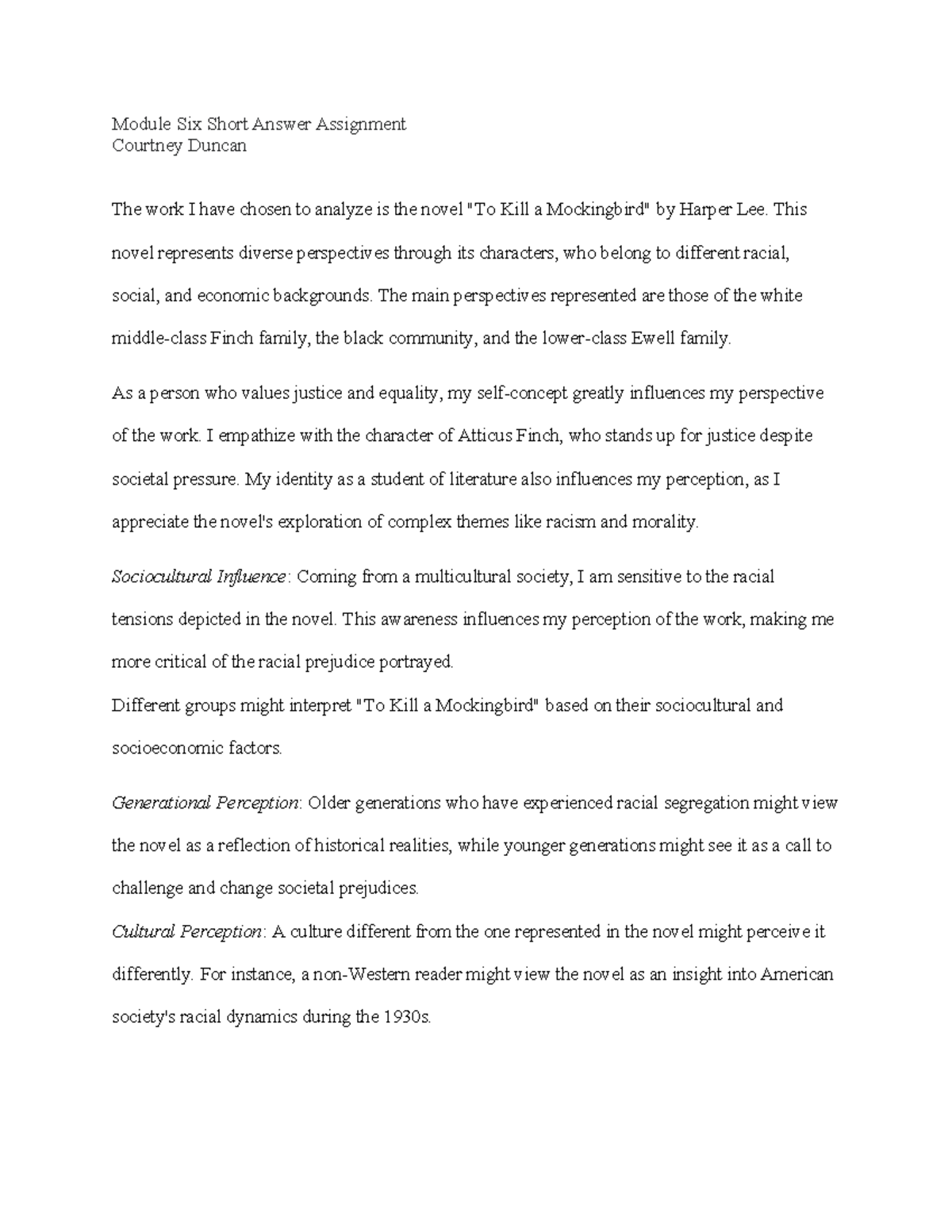 Module 6 - Short Answer Analysis of "To Kill a Mockingbird" - Studocu