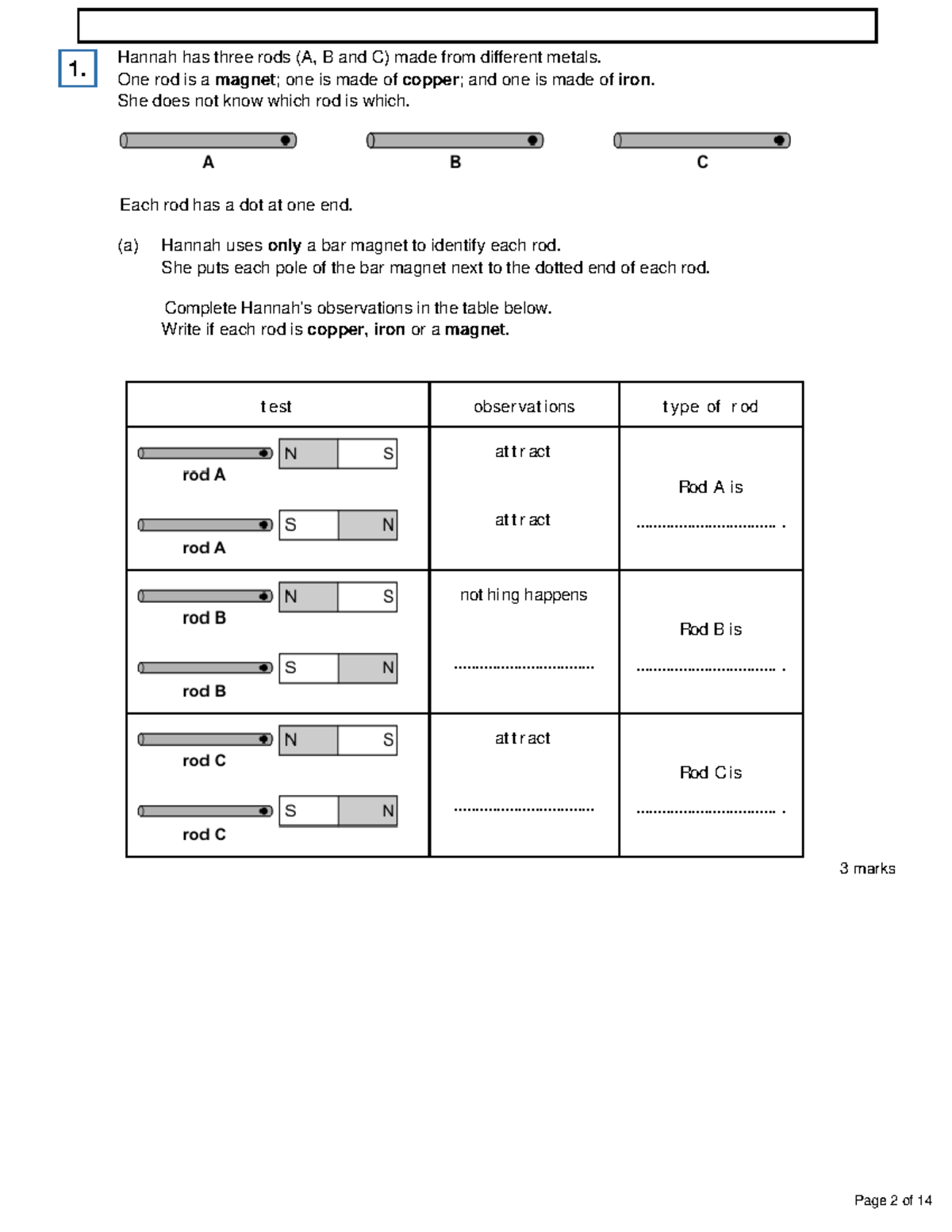 KS3 Electromagnetism Quiz Paper: Identifying Rods and Electromagnets ...